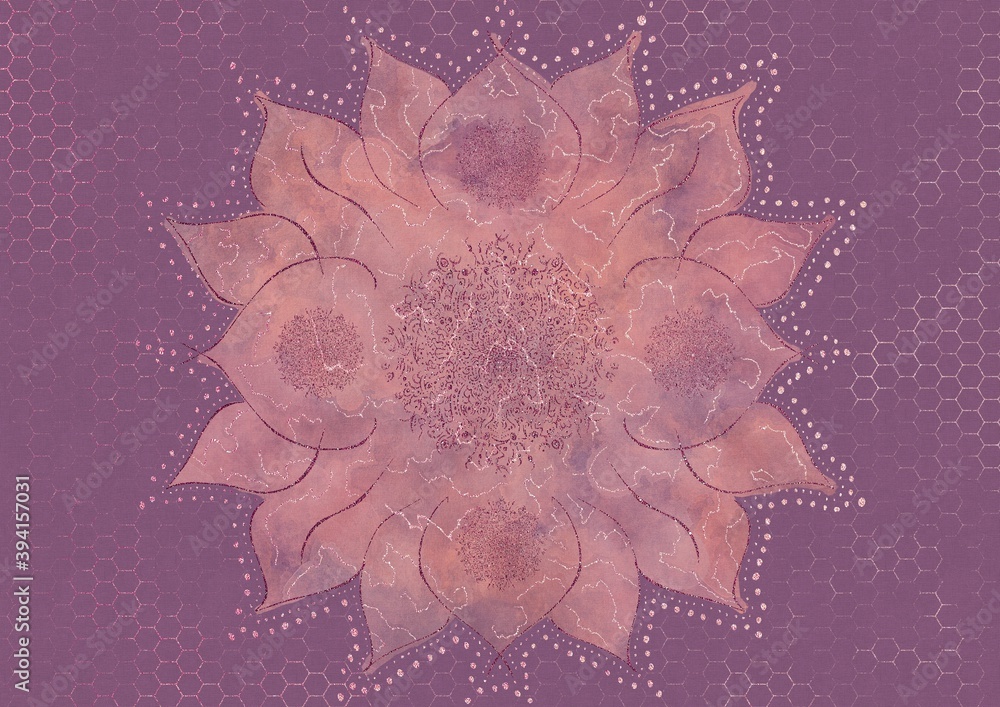 Digital drawing of a stylized pink lotus flower on a purple background ...