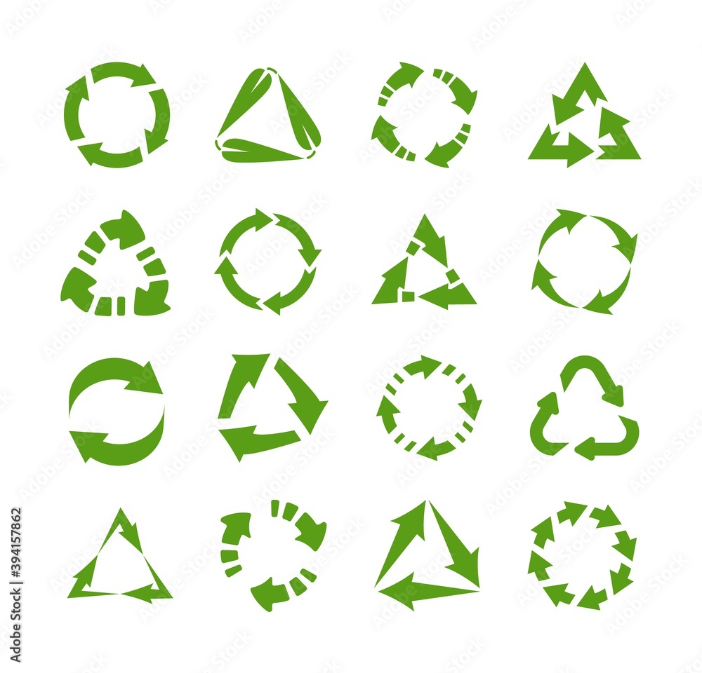Reuse icons. Circles and triangles with arrows. Green emblems for label ...