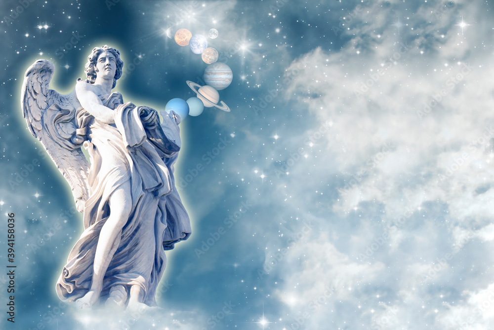 angel archangel with planets over divine sky like Universe love and ...