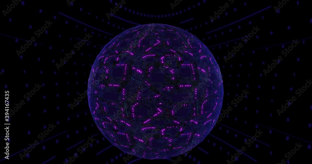violet 3D digital concept, sphere planet with circuit board and cpu ...
