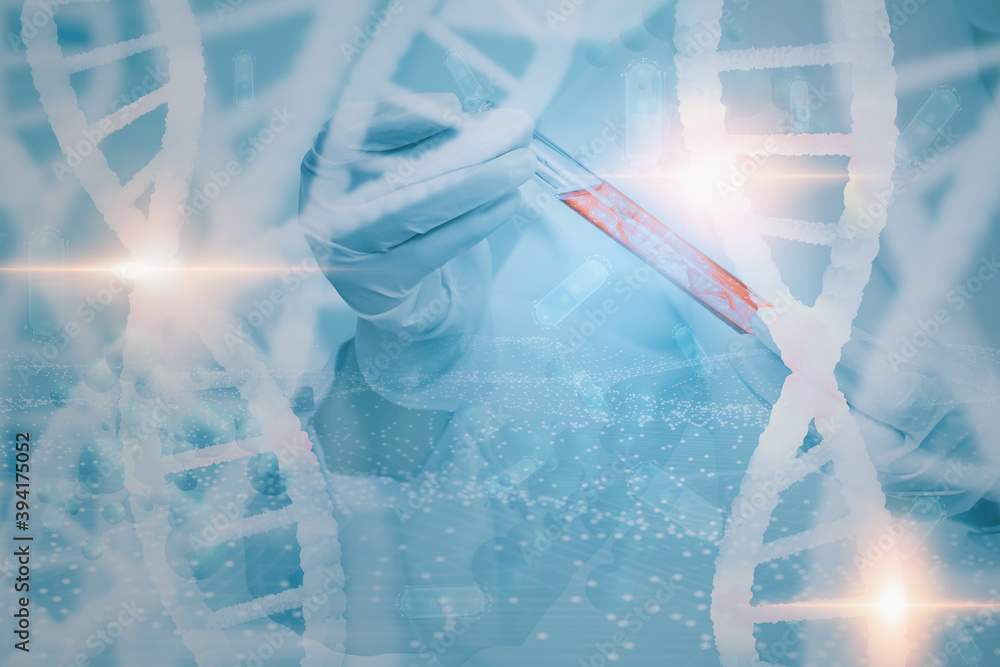 Doctor or scientist holding test tube analysis DNA structure molecule ...