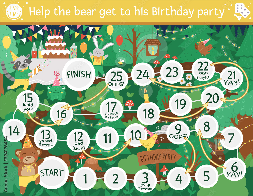 Birthday board game for children with cute woodland animals ...