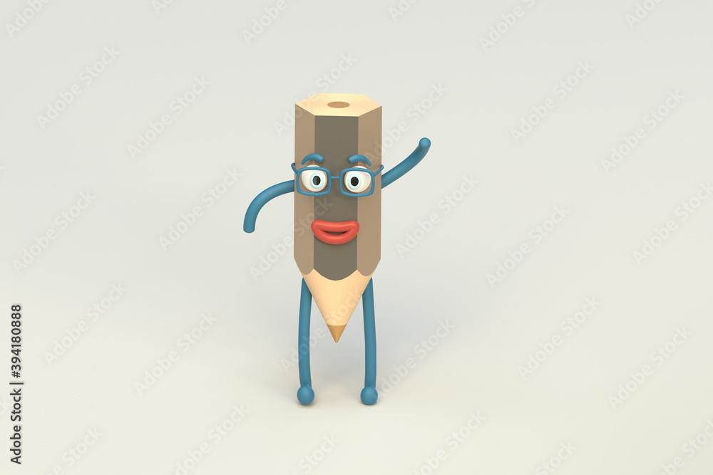 Cartoon pencil character with white background, 3d rendering. Stock ...