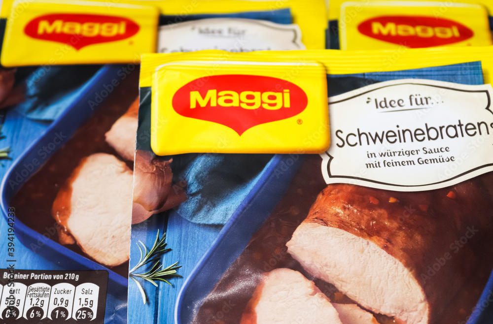 German Maggi instant sauce packages, owned by Nestle. Maggi is an ...