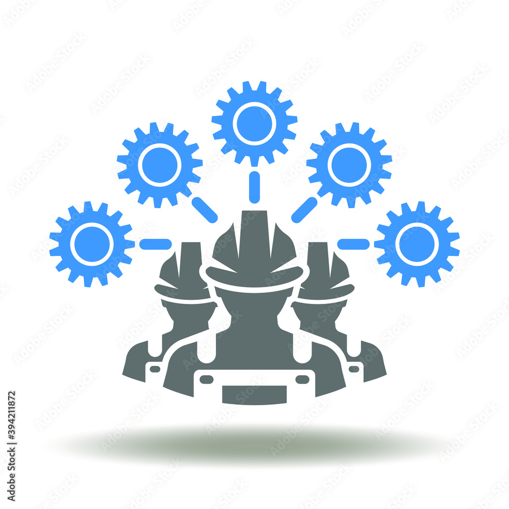Worker team gears over heads icon vector. Industry roles ...