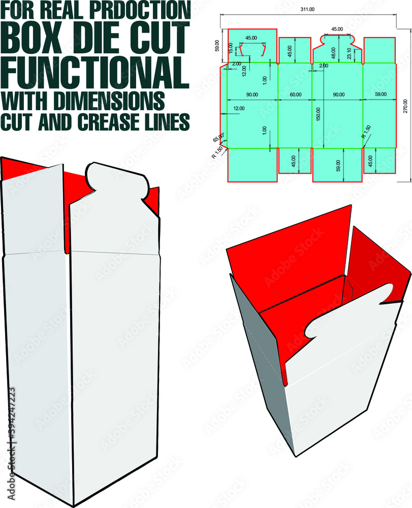 Box Die Cut Cube Template with 3D Preview organised with cut, crease ...