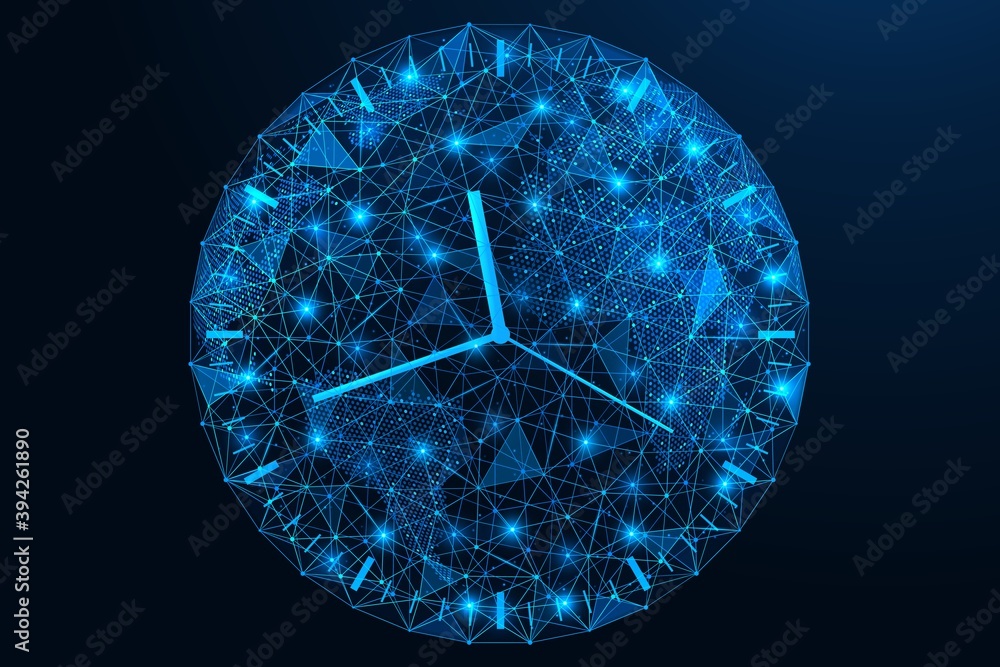 Clock face on the planet earth. Global time. Low-poly construction of ...