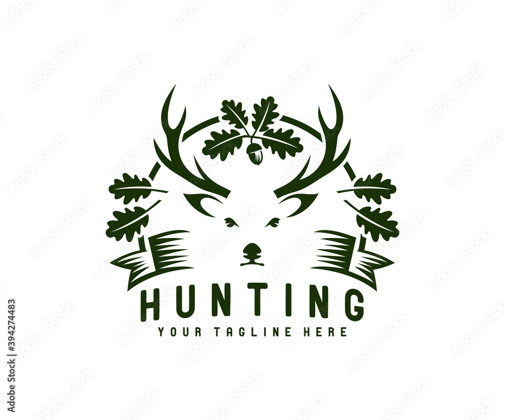 Hunting, hunt, deer with antler in oak foliage, logo design. Animal ...