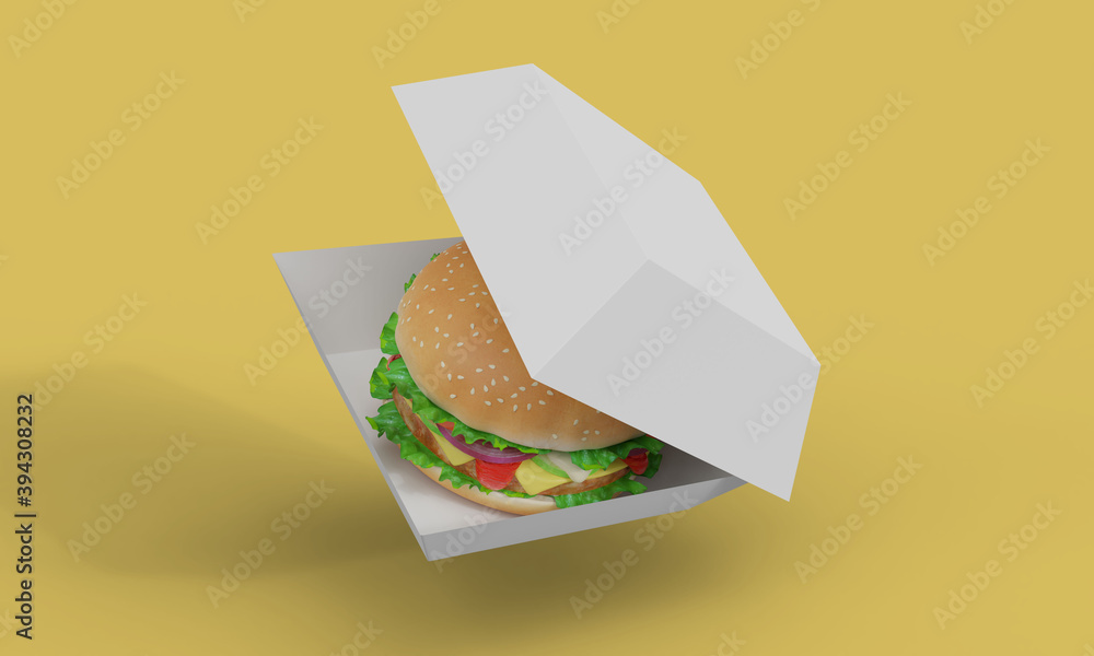 Burger in box package mockup render model for product packaging design ...