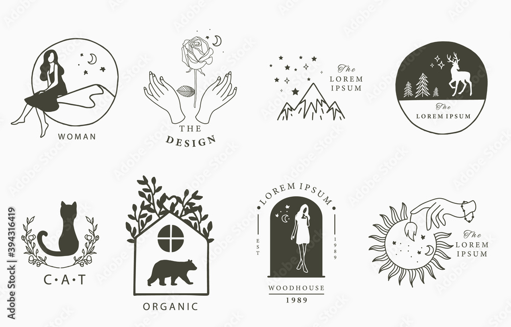 Beauty occult collection with cat, deer,bear,flower,house.Vector ...
