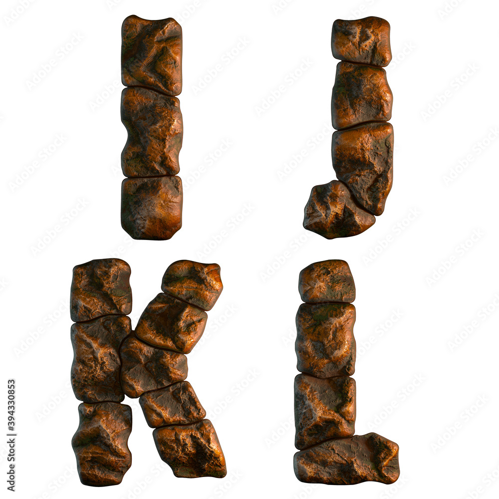 Set of rocky letters I, J, K, L. Font of stone on white background. 3d ...