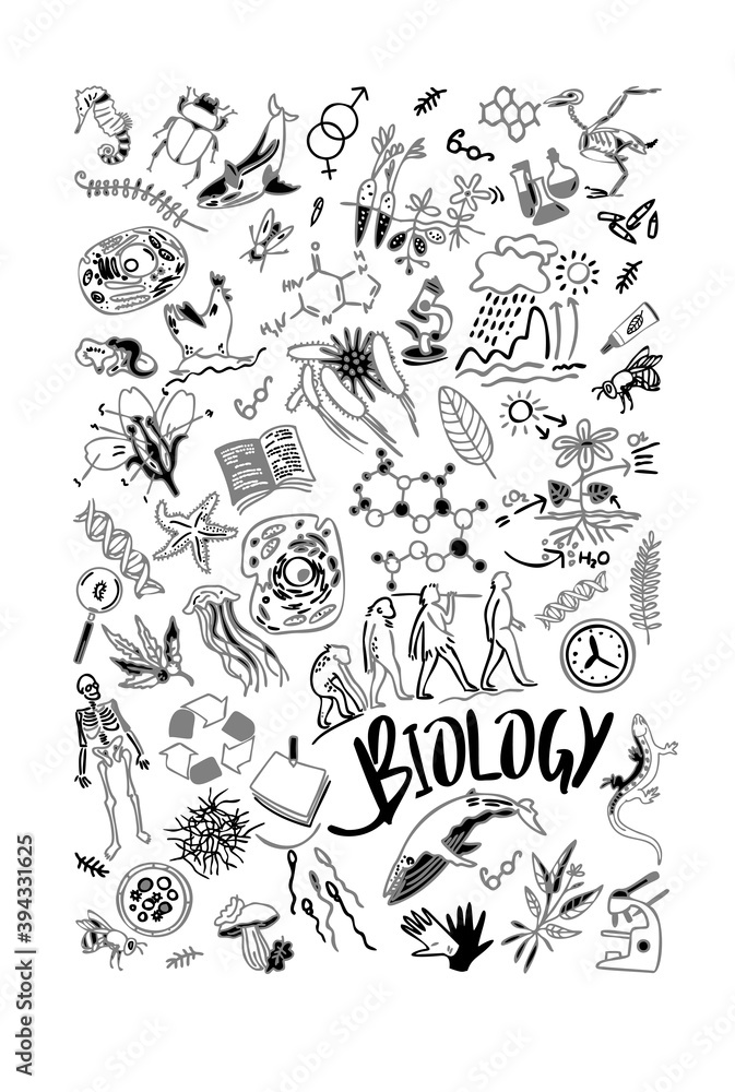 Hand drawn biological doodle set. School notebook cover. Biology icons ...