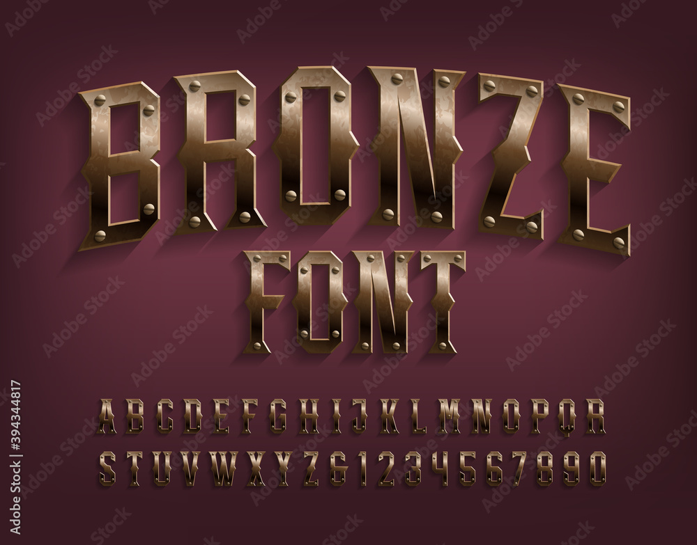 Bronze alphabet font. Beveled metallic letters and numbers with screws ...