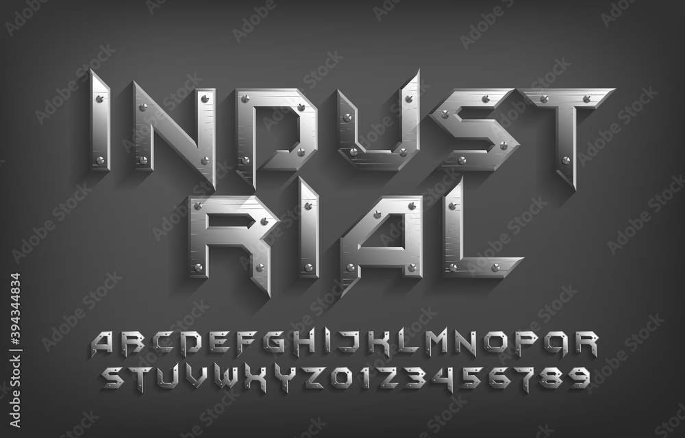 Industrial alphabet font. Metallic letters and numbers. Stock vector ...
