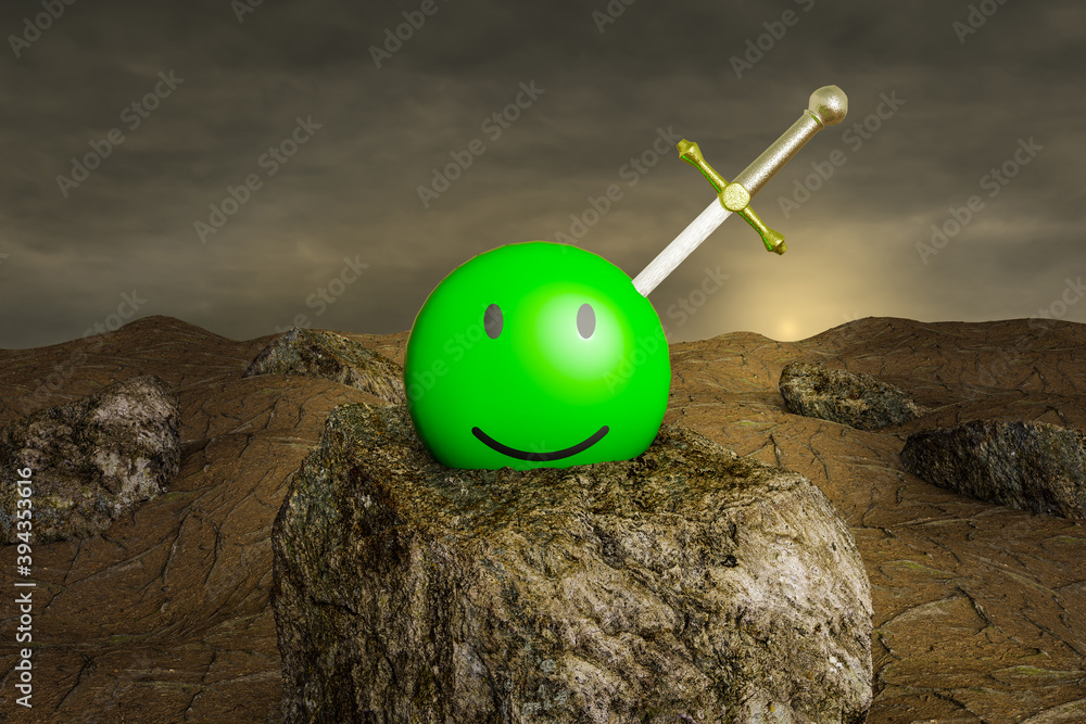 Excalibur in green smiling emoticon happy on stone at sunset day ...