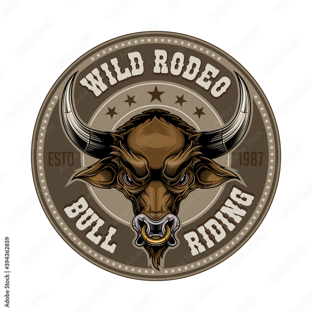 "Wild rodeo - bull riding" - label design. Colorful vector illustration ...
