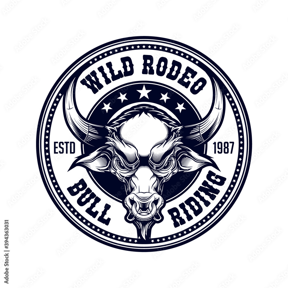 "Wild rodeo - bull riding" - label design. Vector illustration in ...