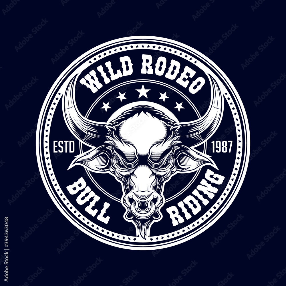 "Wild rodeo - bull riding" - label design. Vector illustration in ...