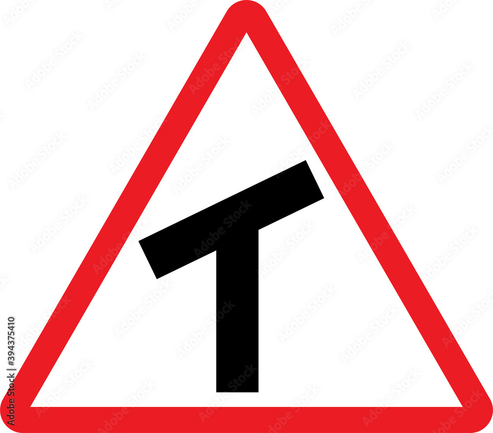 Skew T junction left warning sign. Red triangle background. Safety ...