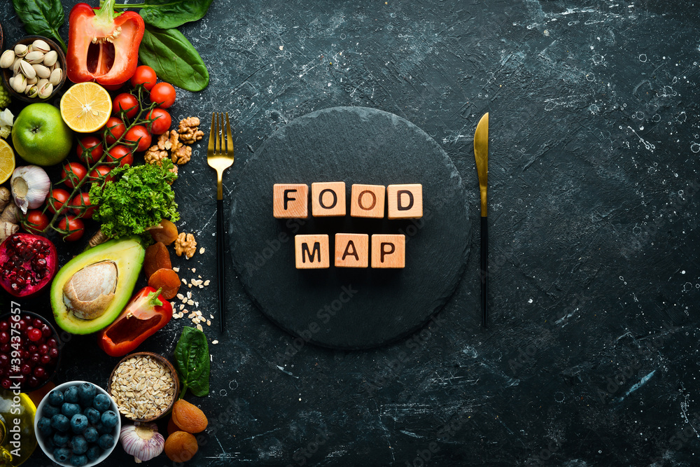 Food background. Food map: vegetables, fruits, fish, meat, nuts and ...