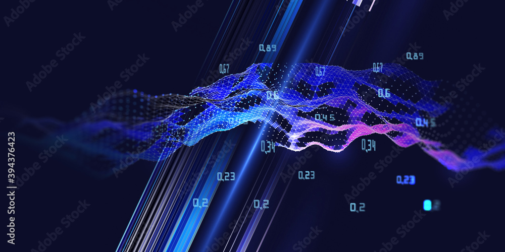 Big data. Abstract technology background with triangle wireframe algorithm analyze and blurred ...