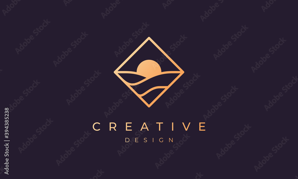 square logo with outline forming ocean wave and sun in a simple and ...