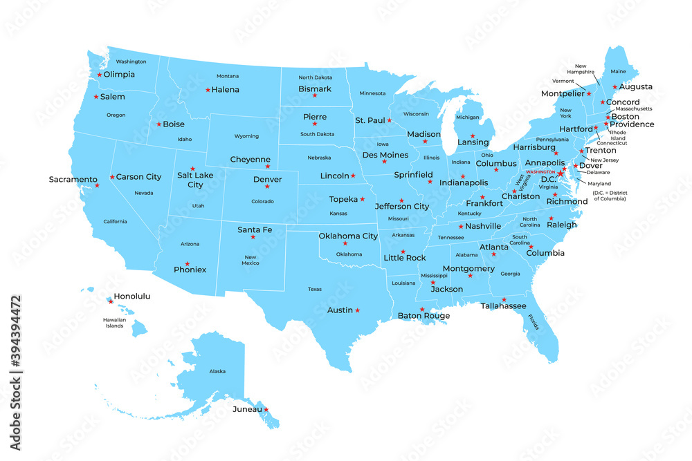 Map of United States of America with states and capital cities. Stock ...