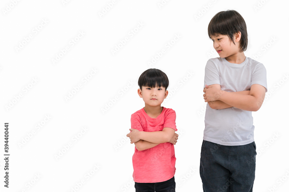 Short child boy in red t shirt and tall child boy in white t shirt ...