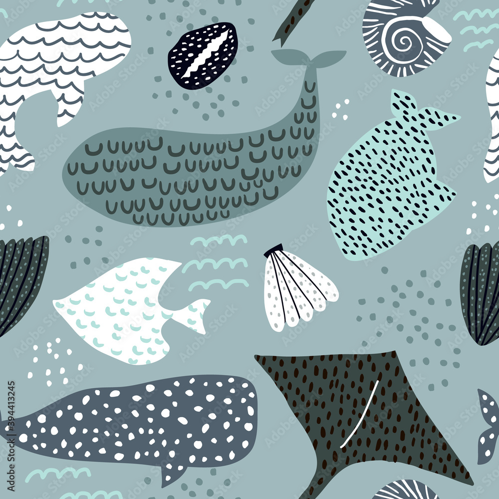 Seamless marine pattern with abstract fish, whale, seashells. Creative ...