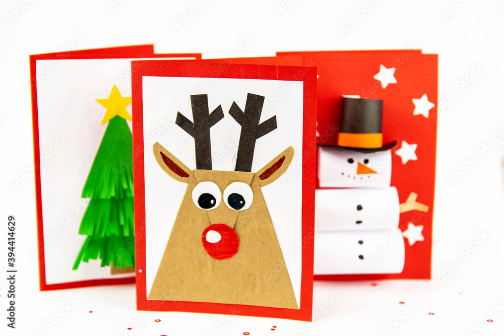 DIY Christmas cards kids. Three cards with a Christmas tree, a deer, a ...