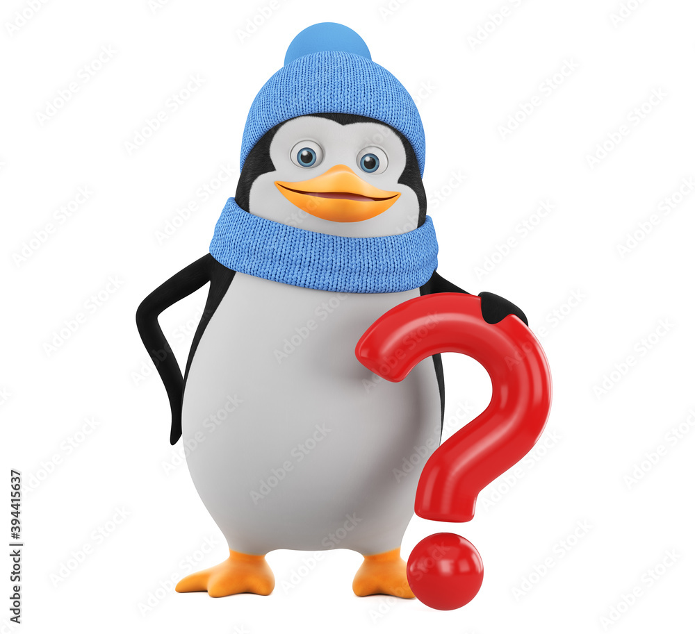 Cartoon character penguin in winter clothes holding a question mark on ...