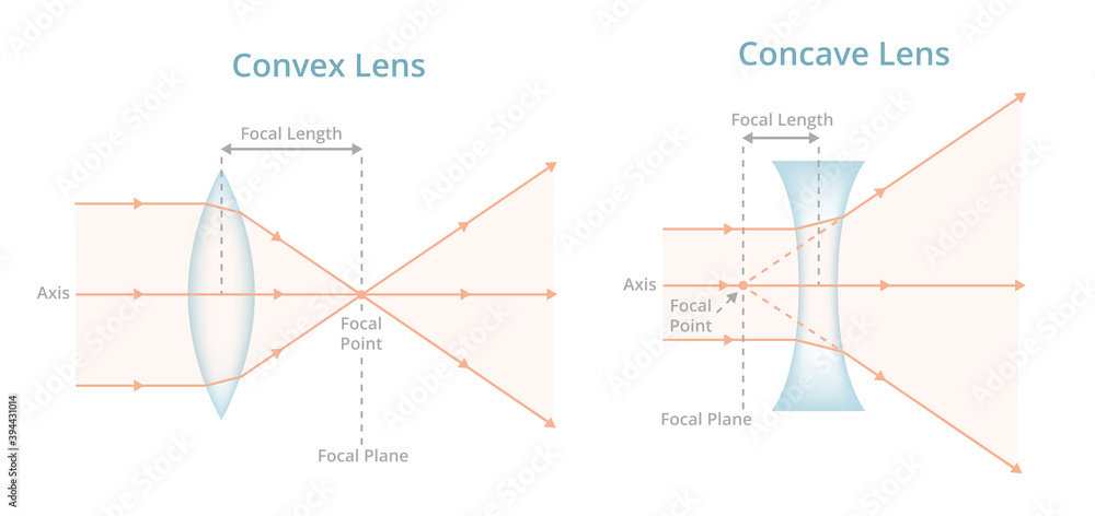 Vector scientific illustration. Convex or converging lens, concave or ...