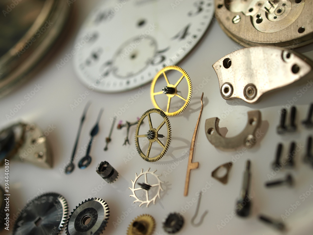 display of parts of vintage watch mechanism: dial, gears, screws ...