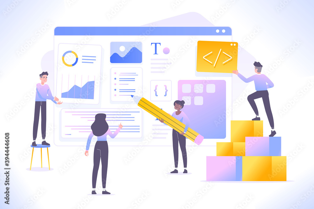 Web development and design concept. Programmer team placing contents on ...