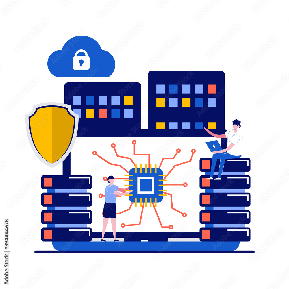 Database concept with character. Internet of things, data server ...