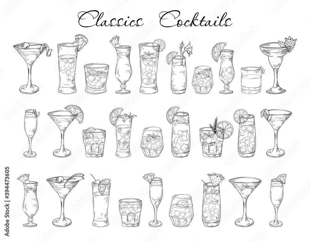 Cocktails hand drawn set in sketch style. Alcoholic drinks in different ...