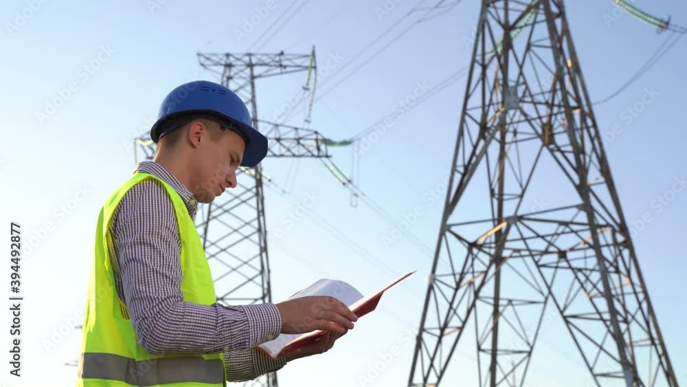 Low angle side view of focused young electrical engineer in hardhat ...
