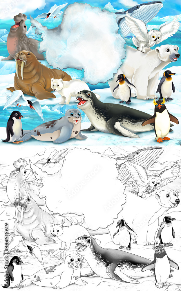 cartoon scene with wild swimming animals and mammals in polar ...