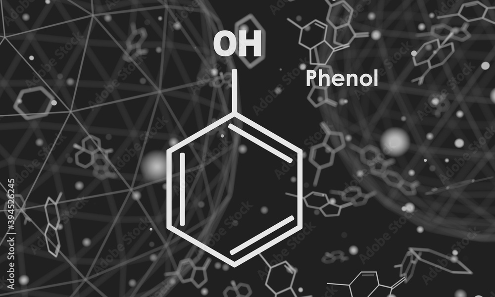 Phenol structural chemical formula. Lines and dots connected background ...