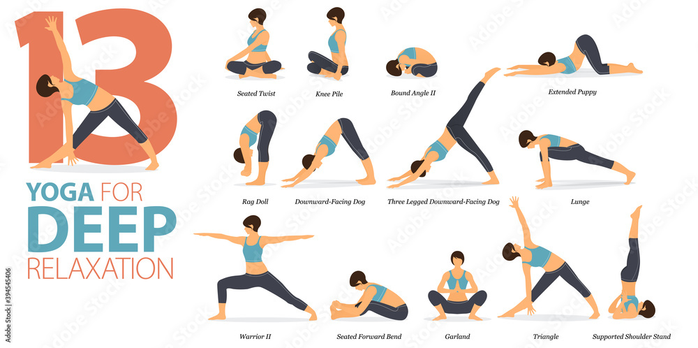 13 Yoga Poses Or Asana Posture For Workout In Deep Relaxation Concept