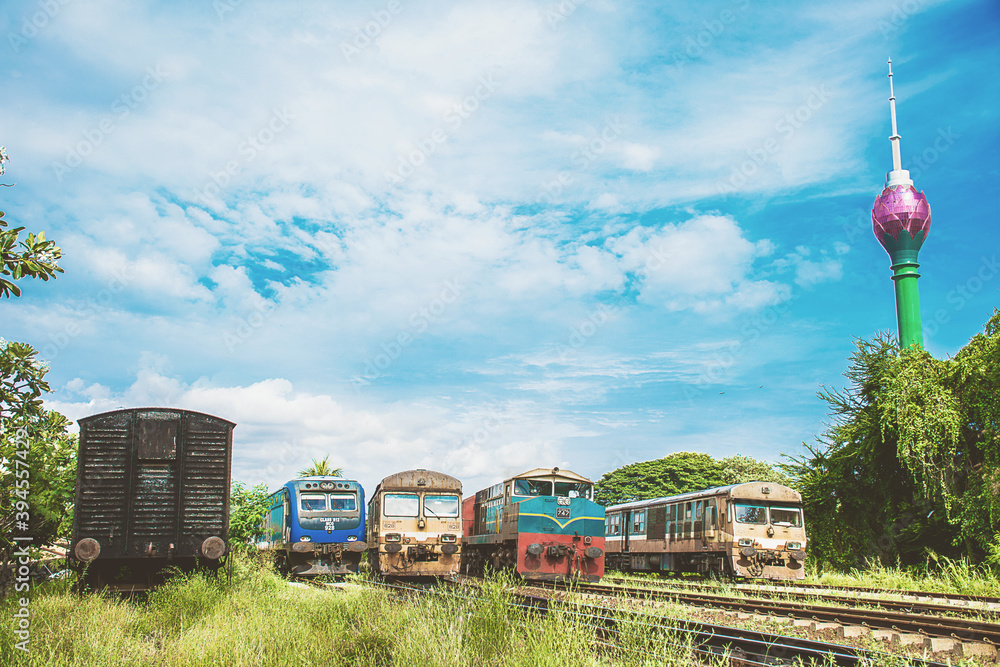 Sri Lankan old 5 trains at together with huge construction "Nelum ...