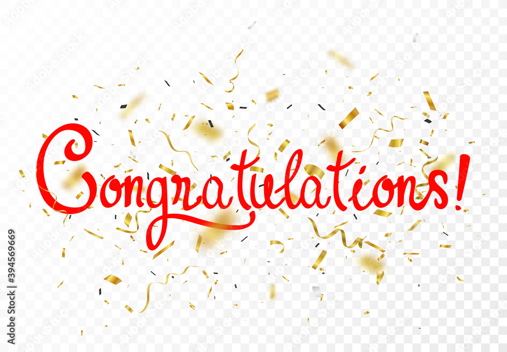 Congratulations sign letters banner with colorful confetti and balloon ...