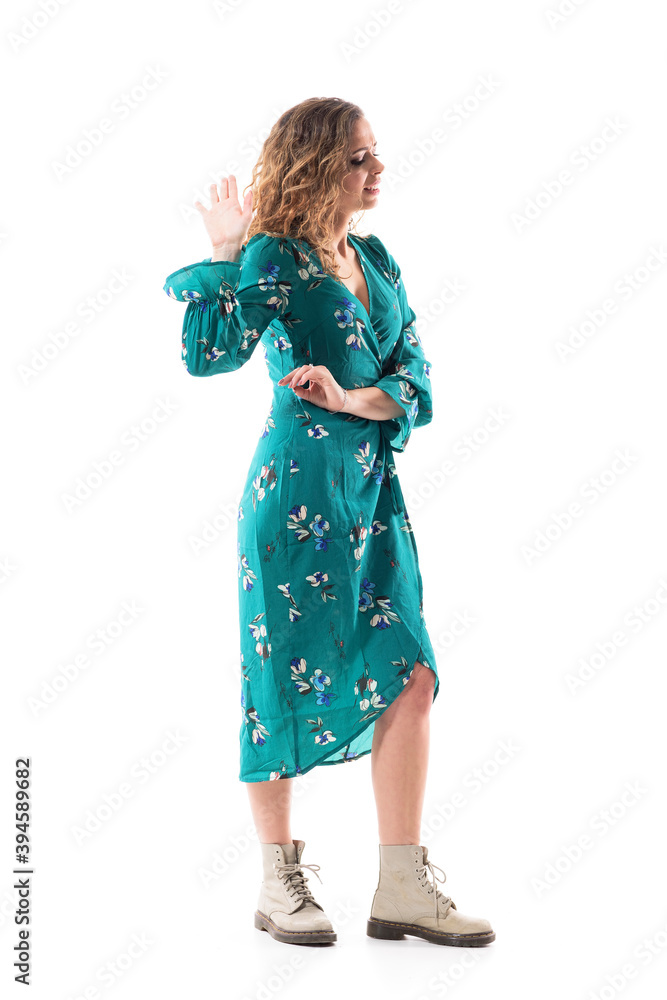 Side view of emotional upset woman arguing with stop hand sign gesture ...