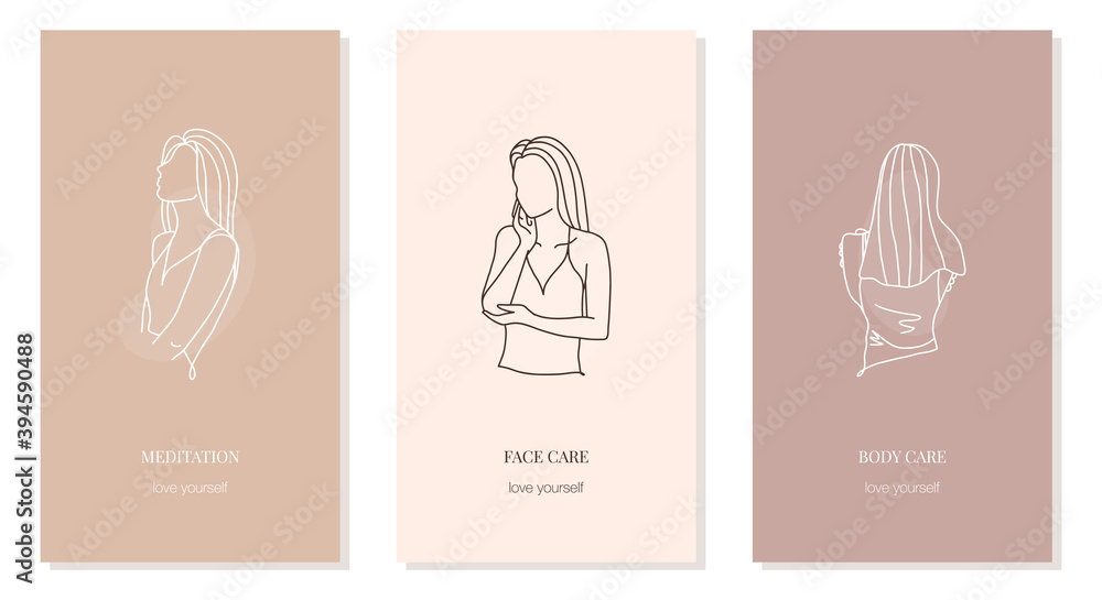 Girls in line art style portrait.Taking care of the body, face ...
