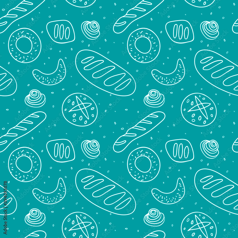 Blue-green flat backdrop. Bakery shop background with vector bread ...