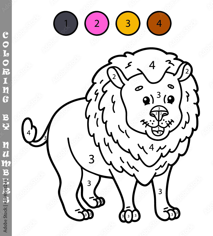 Vector illustration coloring by numbers game with cartoon lion for kids ...