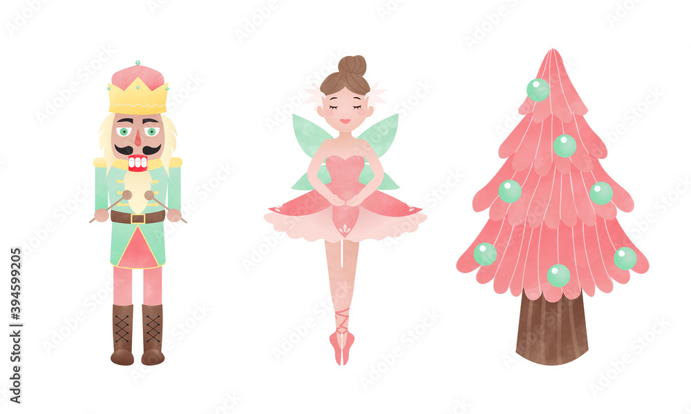 Nutcracker, ballerina, and pink Christmas tree. Fairy tale clip art ...