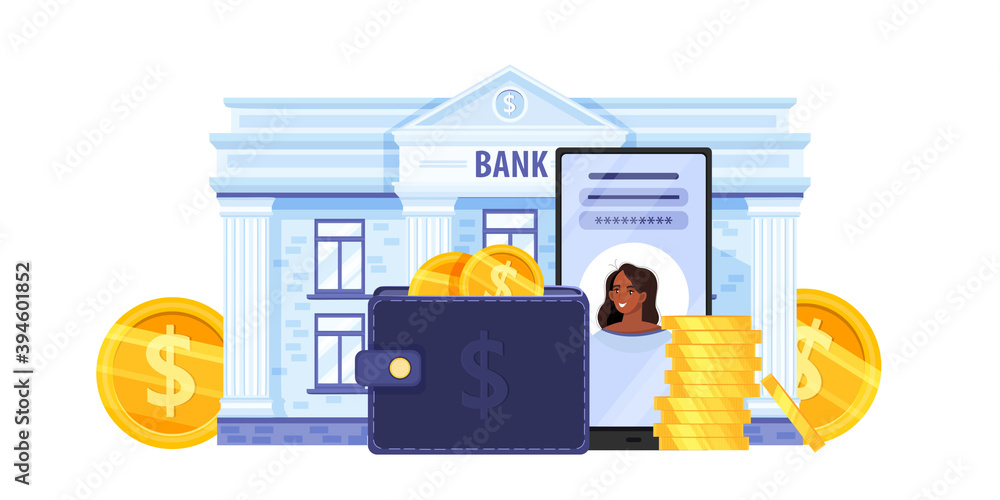 Online digital bank and e-wallet finance vector concept with building ...