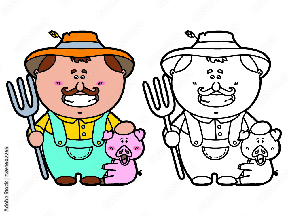 funny Farmer. Vector illustration coloring page of happy cartoon ...