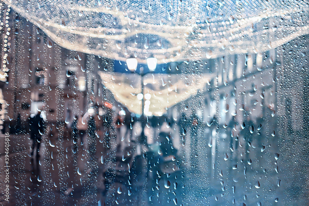 abstract autumn rain background in the night city, drops falling ...